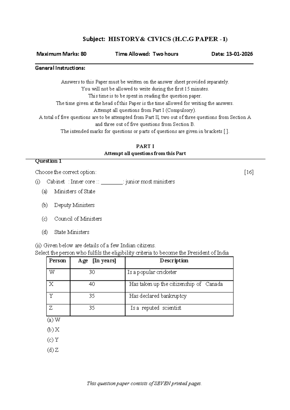 CIVICS (H.C.G) - ICSE History Question Paper Analysis - Studocu