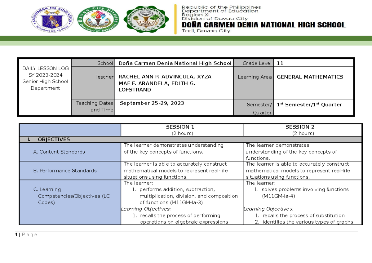 DLL Genmath Q1 WEEK 3: Lesson on Operations of Functions - Studocu