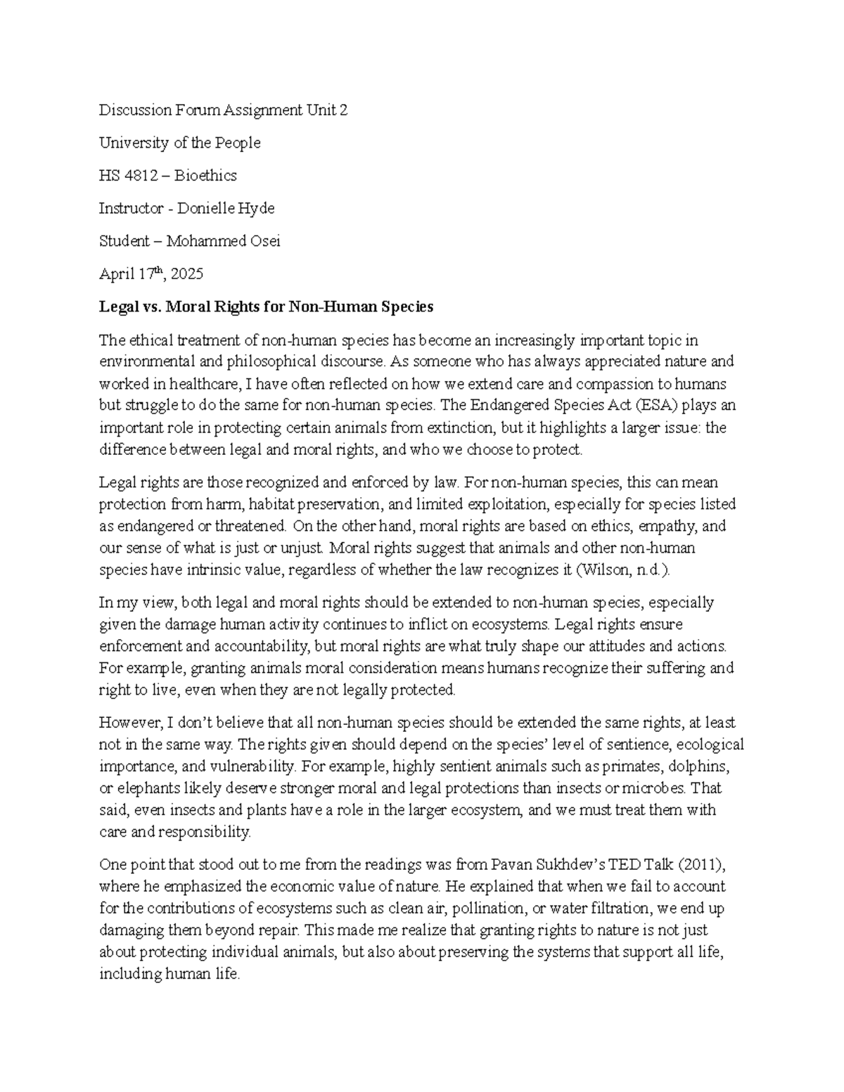 Discussion Forum Assignment Unit 2: Legal vs. Moral Rights in Bioethics ...