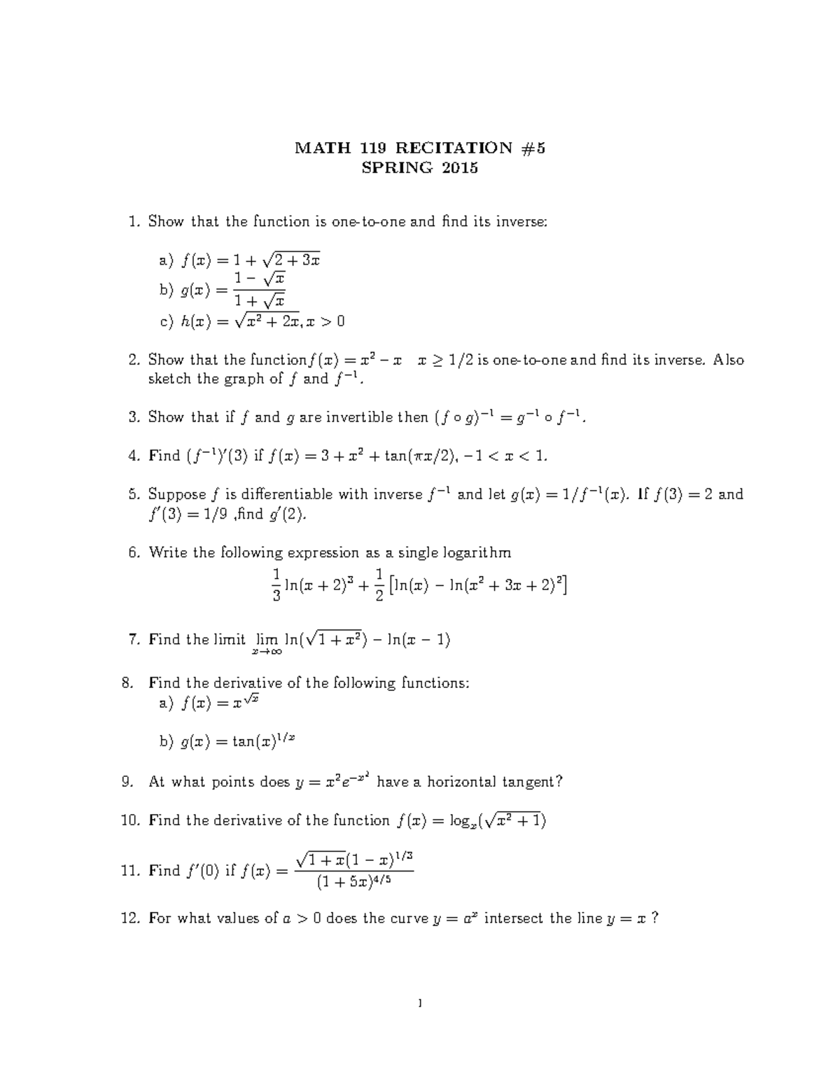 MATH 119 SPRING 2015 RECITATION: Inverses, Derivatives & Limits - Studocu