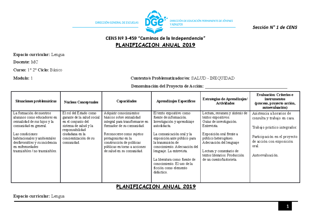 Planificación Anual 2019 - 1º Año Básico - CENS 3-459 - Studocu