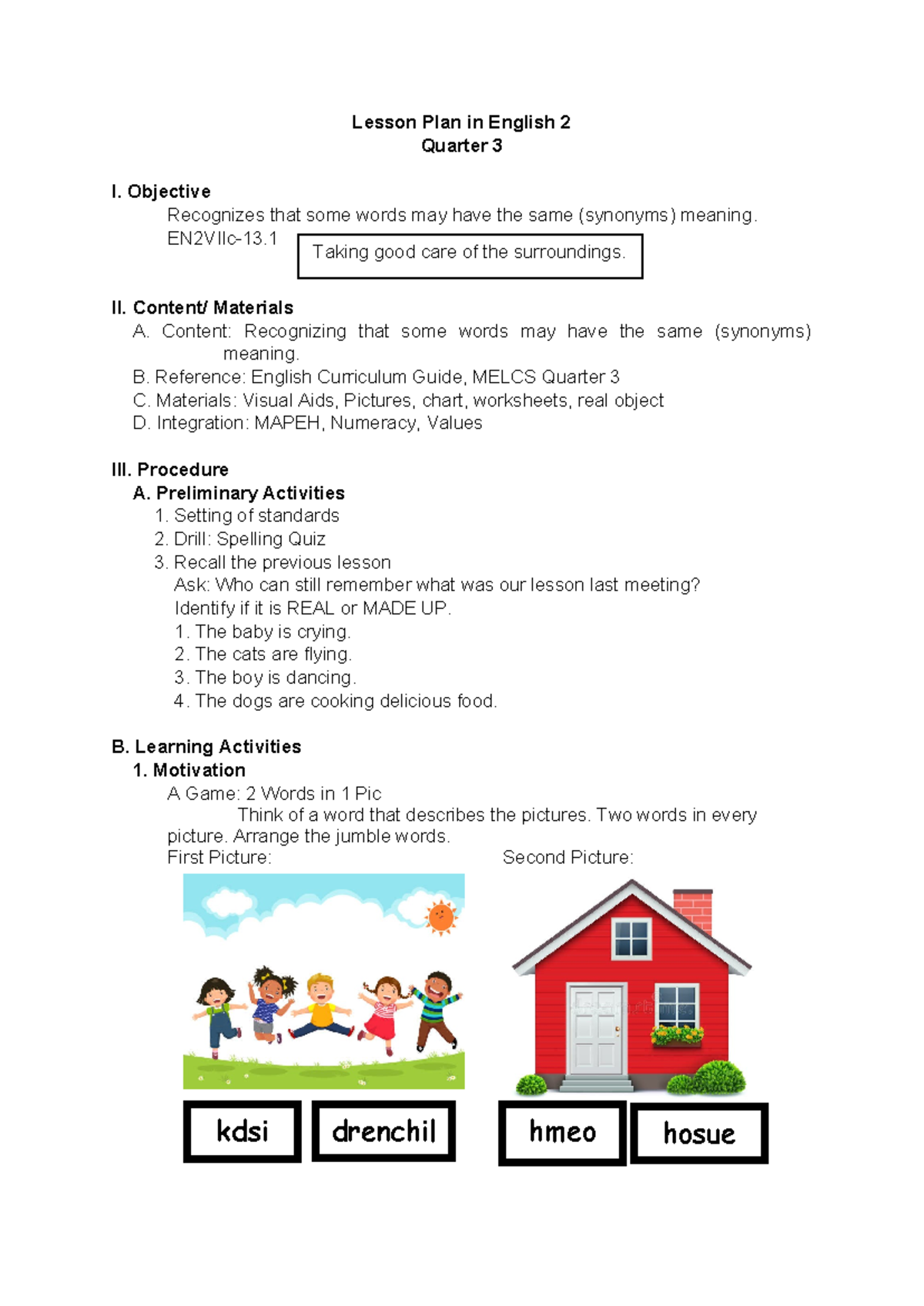 EN2 - Lesson Plan on Synonyms for Student Teachers (Quarter 3) - Studocu