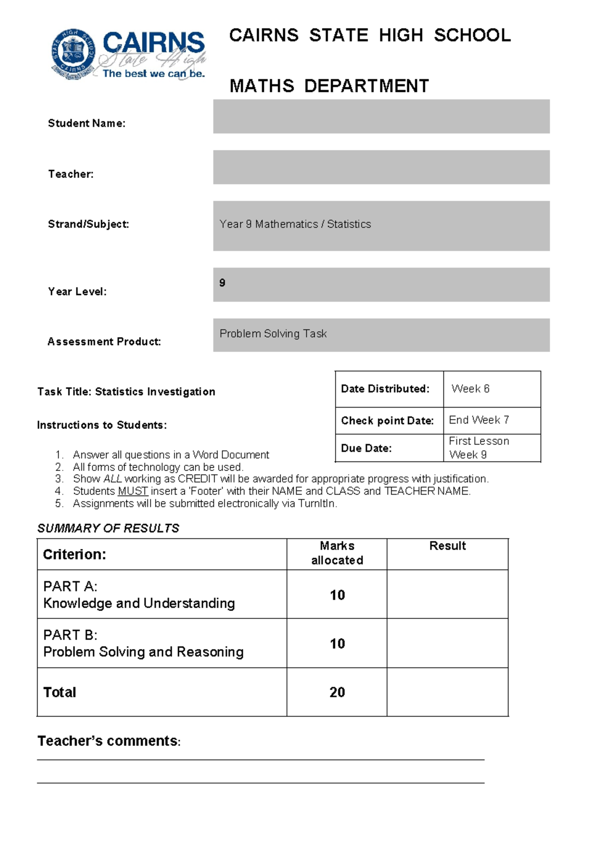 Year 9 Maths Statistics Investigation Task - CAIRNS HIGH SCHOOL - Studocu
