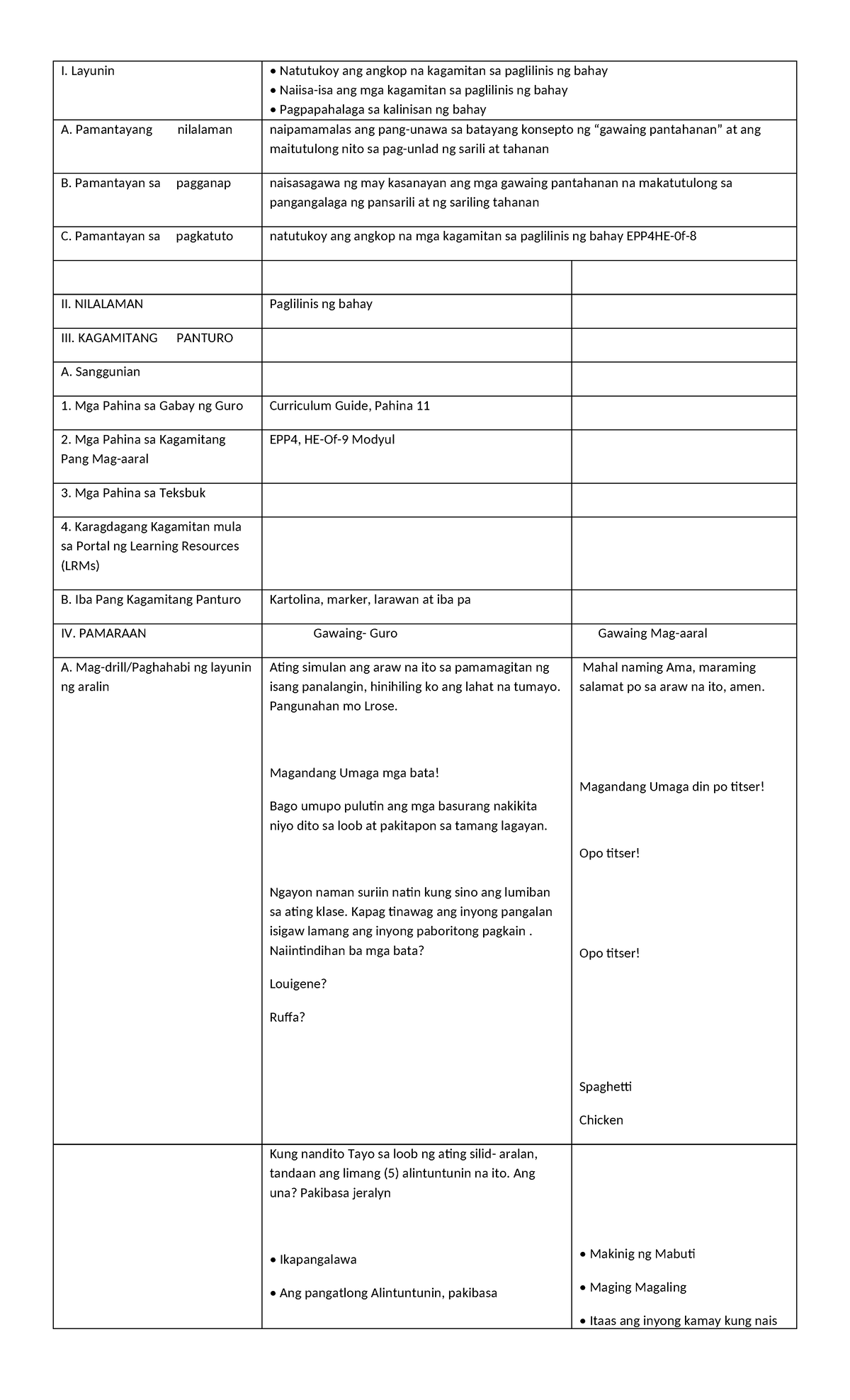 5ESp - Lesson Plan on Cleaning Tools and Home Hygiene - Studocu