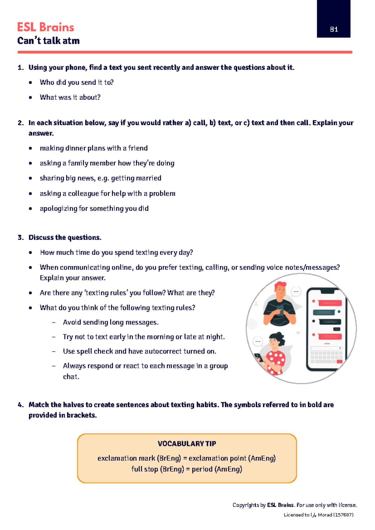 ESL Brains: Texting Habits Discussion Worksheet - TV 8164 - Studocu