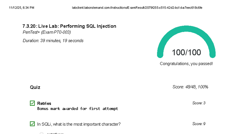 7.3.20 Live Lab: SQL Injection Techniques and Quiz Results - Studocu