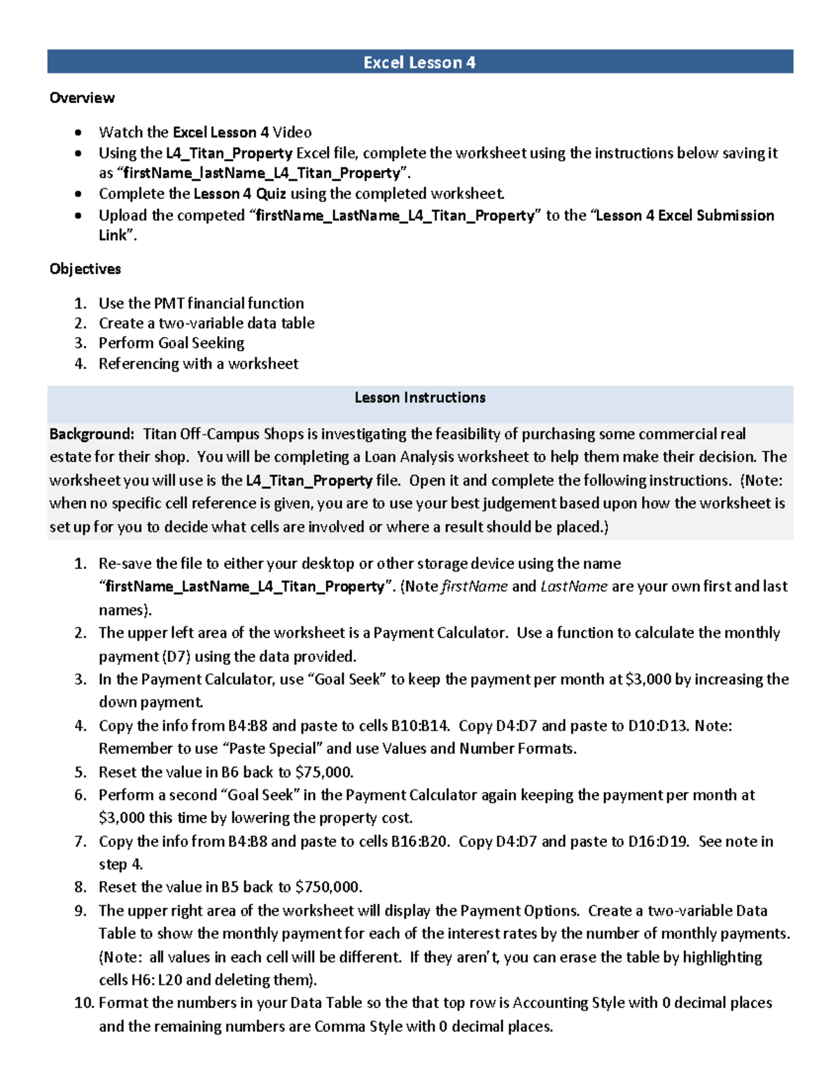 Excel Lesson 4 Instructions (Spring) - Excel Lesson 4 Overview Watch ...