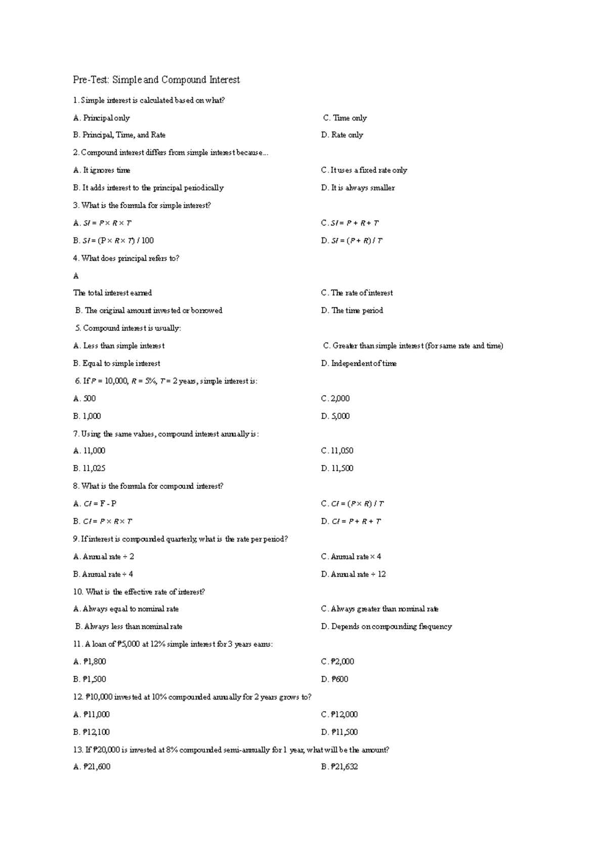 Simple and Compound Interest Quiz (Course Code: Pre) - Studocu