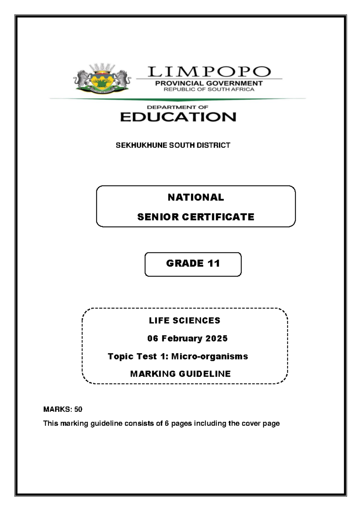 G11 Life Sciences Topic Test: Micro-organisms Marking Guide - Studocu