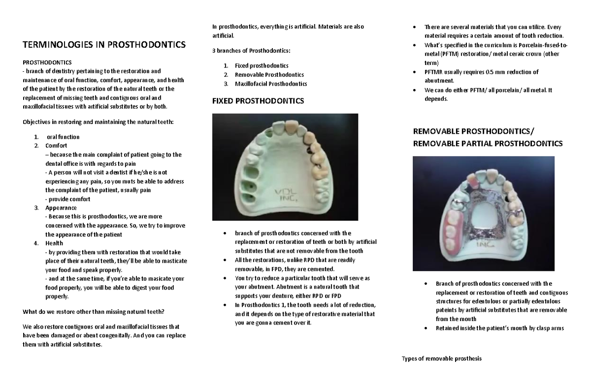 Prosthodontics Notes RPD: Terminologies and Treatment Planning - Studocu