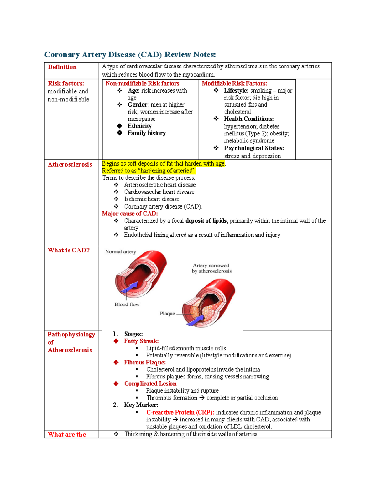 CAD - Cardiovascular disorders notes - Coronary Artery Disease (CAD ...