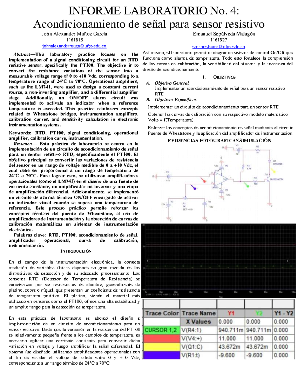 Informe LAB 4: Acondicionamiento de Señal para Sensor RTD PT100 - Studocu