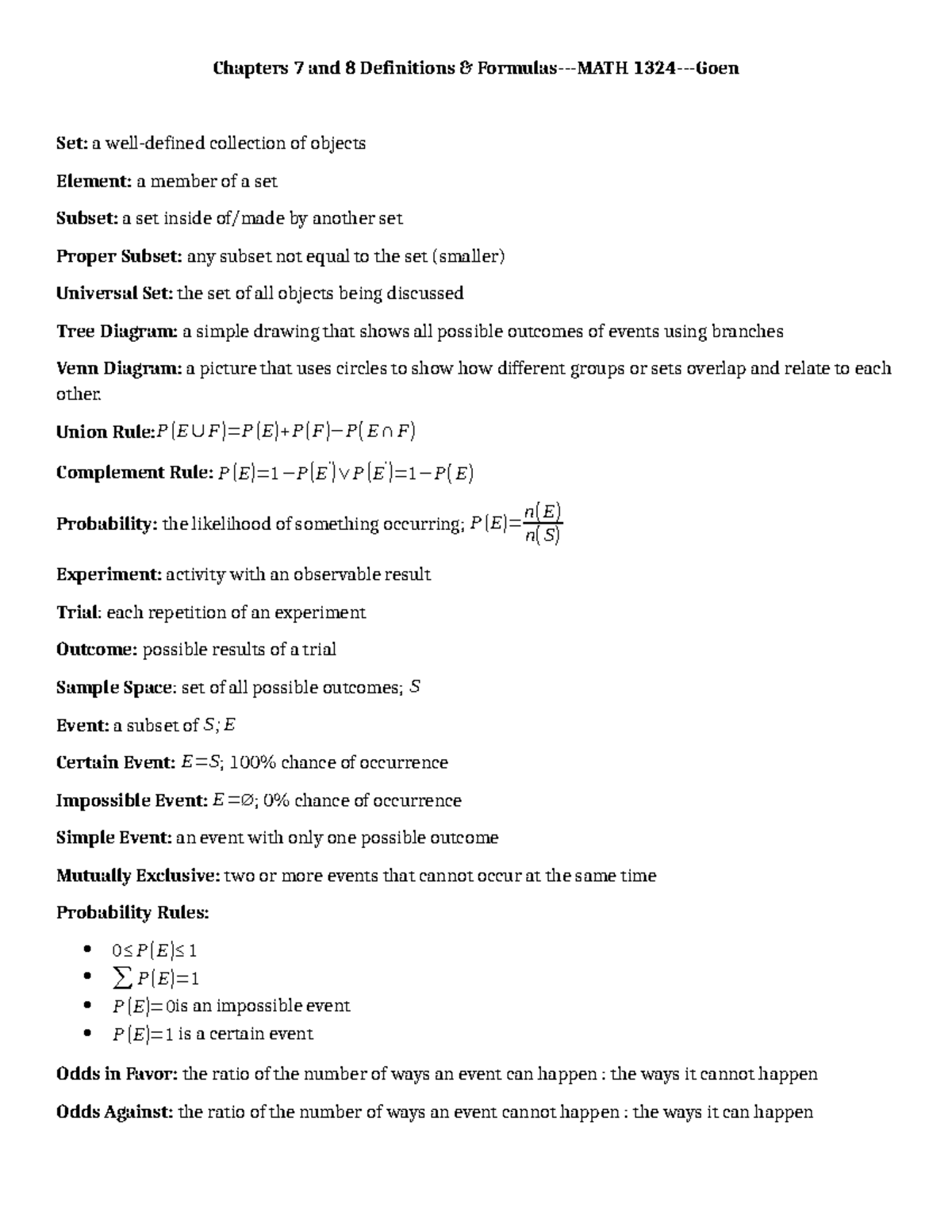 U1 MATH 1324: Chapters 7-8 Key Definitions & Formulas - Studocu