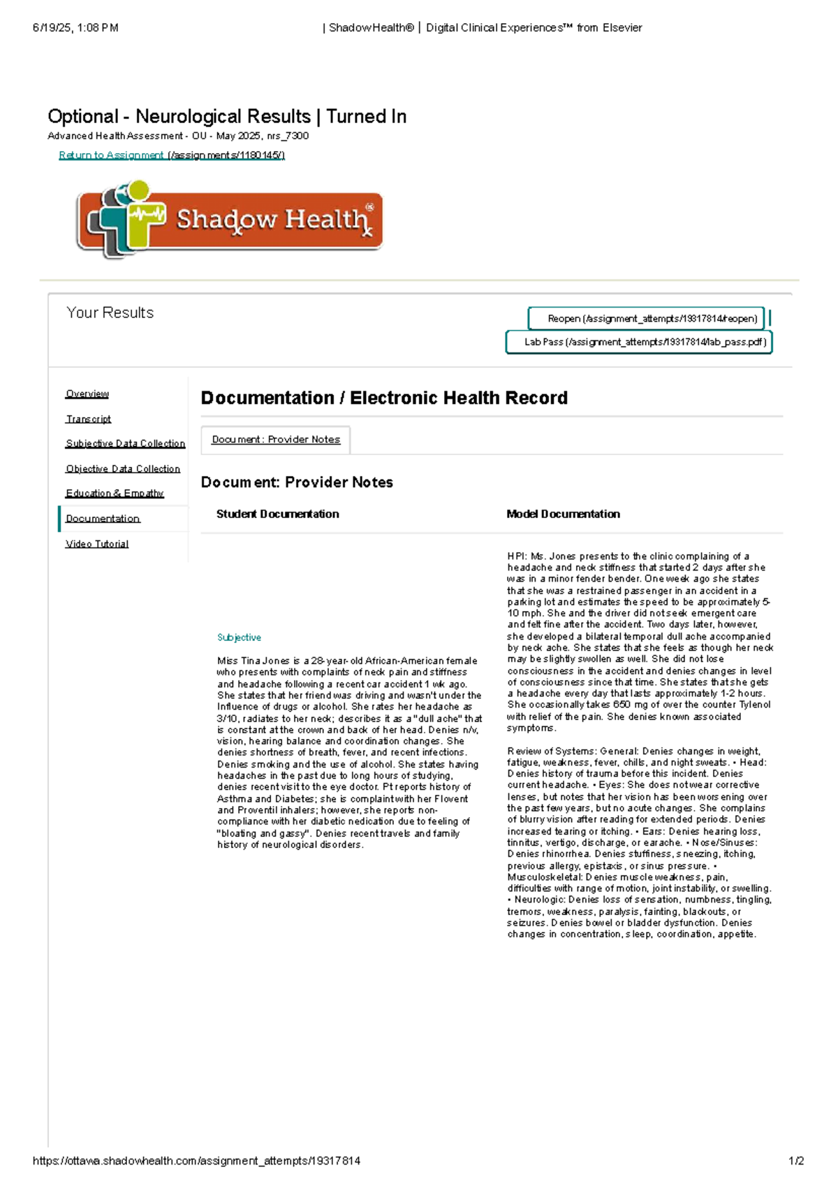 NRS_7300 Advanced Health Assessment: Tina Jones Neuro Assessment ...