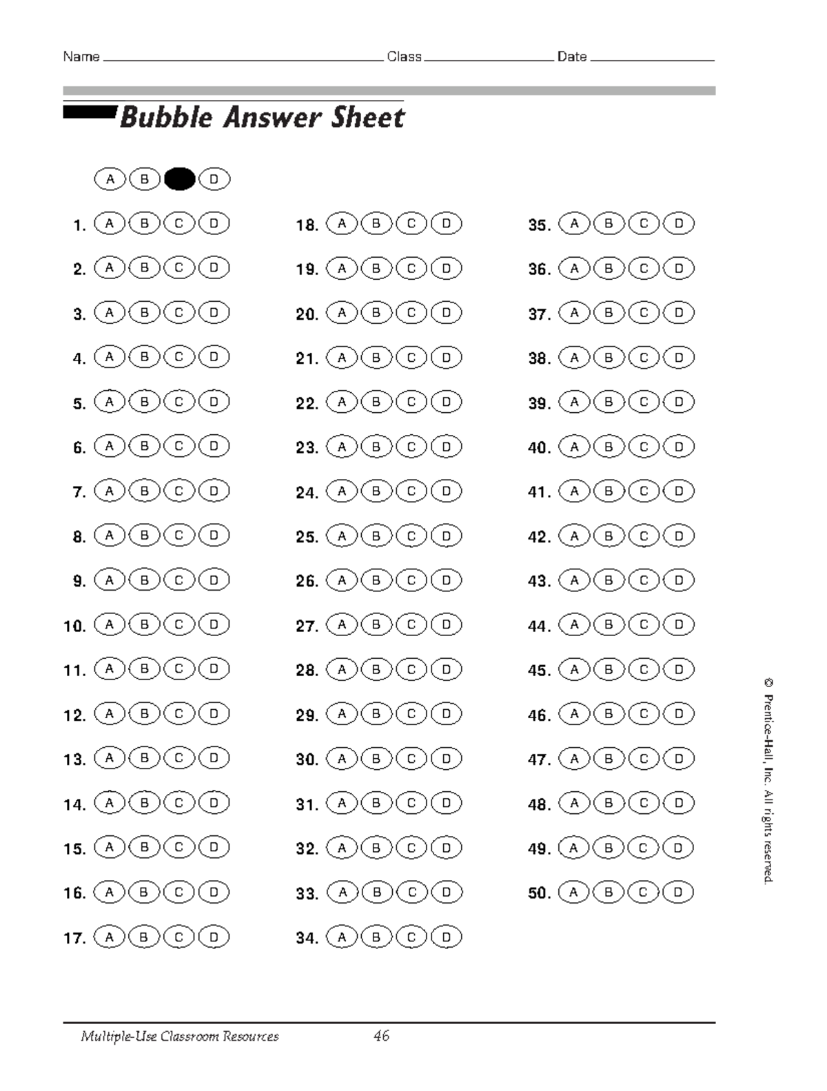 Bubble sheet - N/A - © Prentice-Hall, Inc. All rights reserved ...