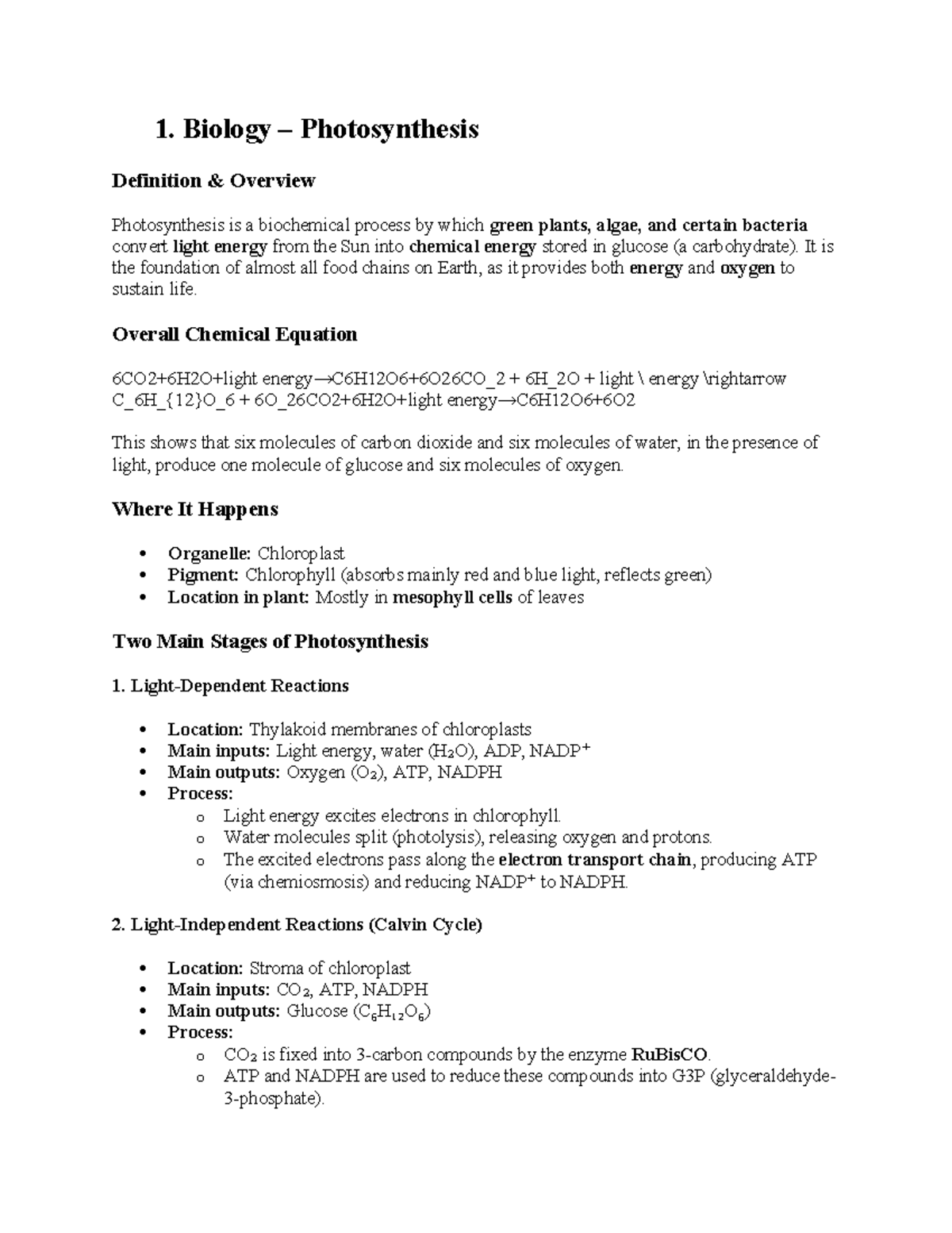 Biology 101: Photosynthesis Overview and Key Processes - Studocu