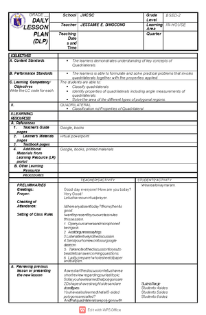 DLP- Equation OF A Circle - A Detailed Lesson Plan in MATHEMATICS 10 ...