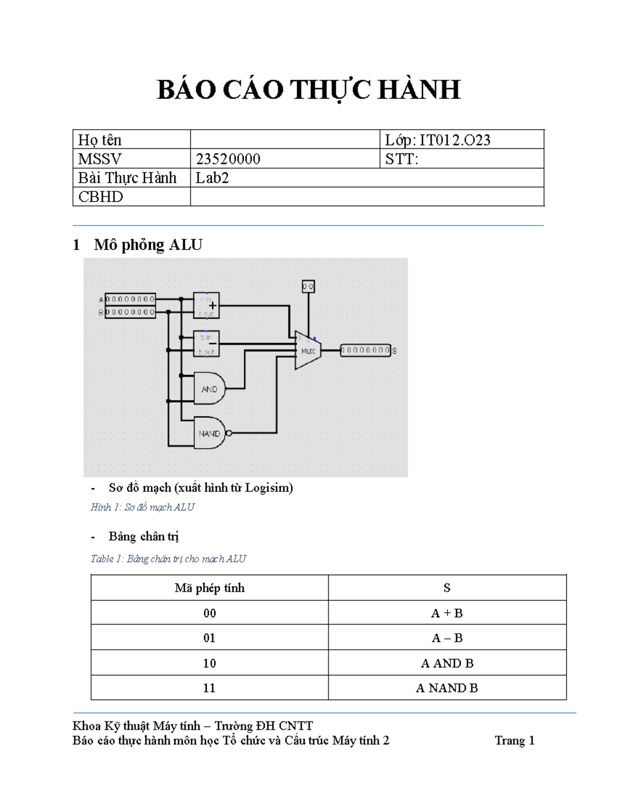 Báo cáo Thực Hành Lab 2 - Mô phỏng ALU - Lớp IT012.O - Studocu