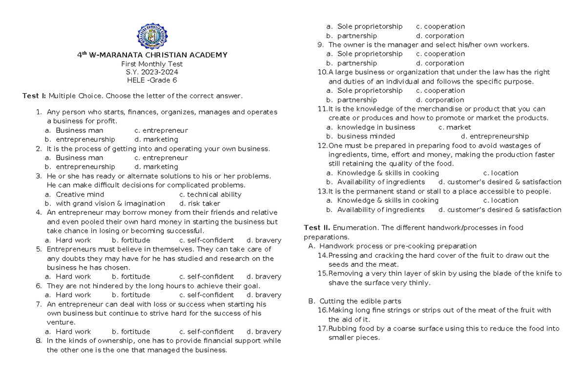 1st monthly test HELE 6 - hillo - 4 th W-MARANATA CHRISTIAN ACADEMY ...