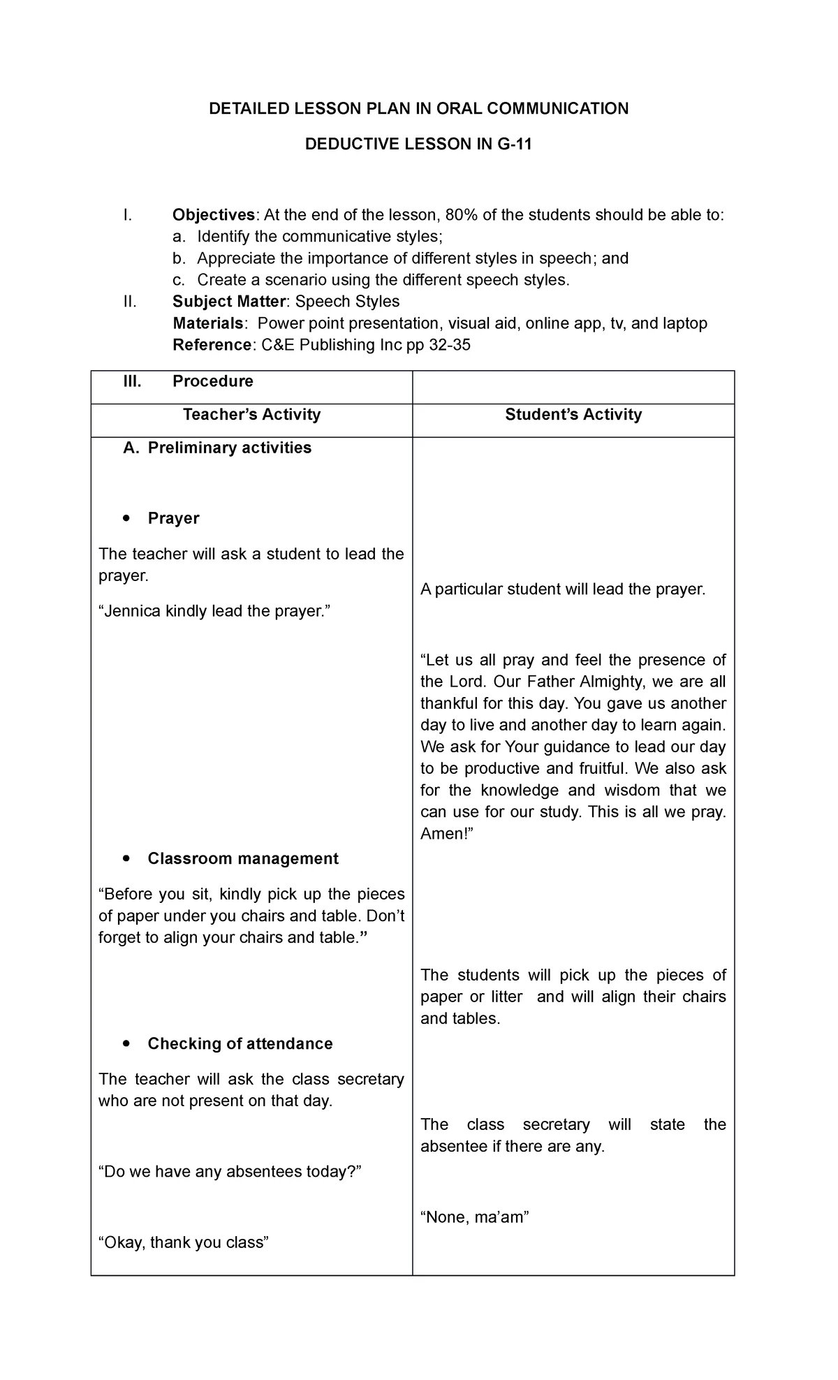 Speech Styles Lesson Plan - English 9 (BSED 4) - Studocu