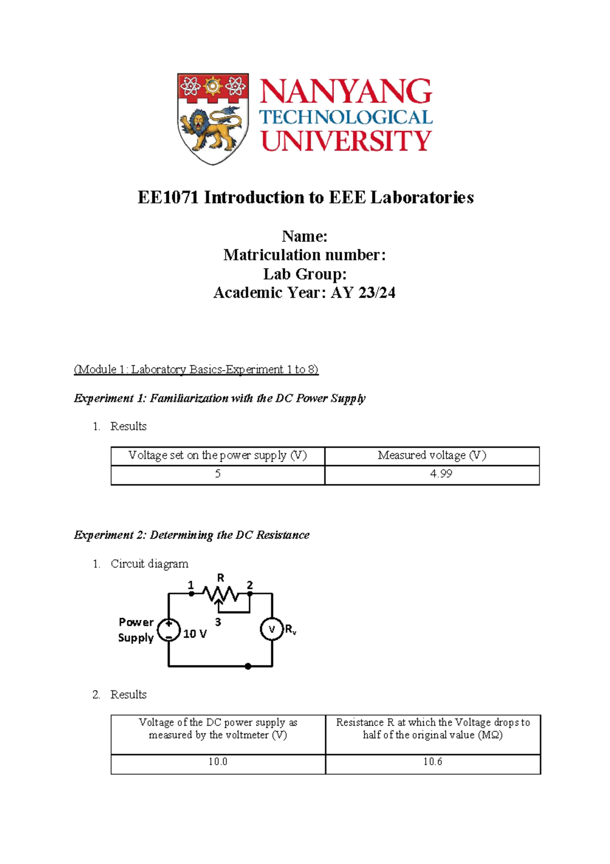 EE1071 Lab Report: Experiments 1-16 on DC Circuits and Components - Studocu