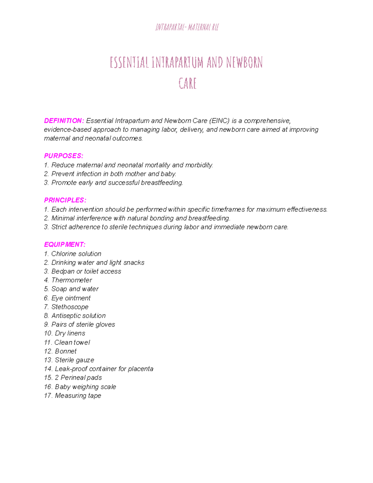 EINC 101: Essential Intrapartum & Newborn Care Guidelines - Studocu