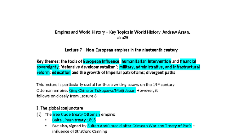 Lecture 7 Non-European Empires in the Nineteenth Century - Handout ...