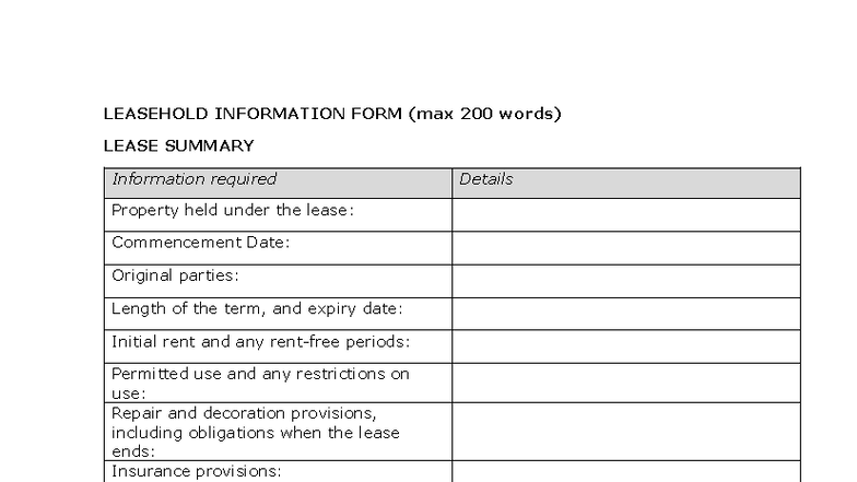 Leasehold Information Form1 - LEASEHOLD INFORMATION FORM (max 200 words ...