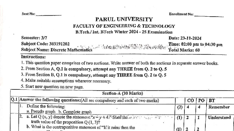 DM 303191202 - Discrete Mathematics Winter 2024 Exam Paper - Studocu