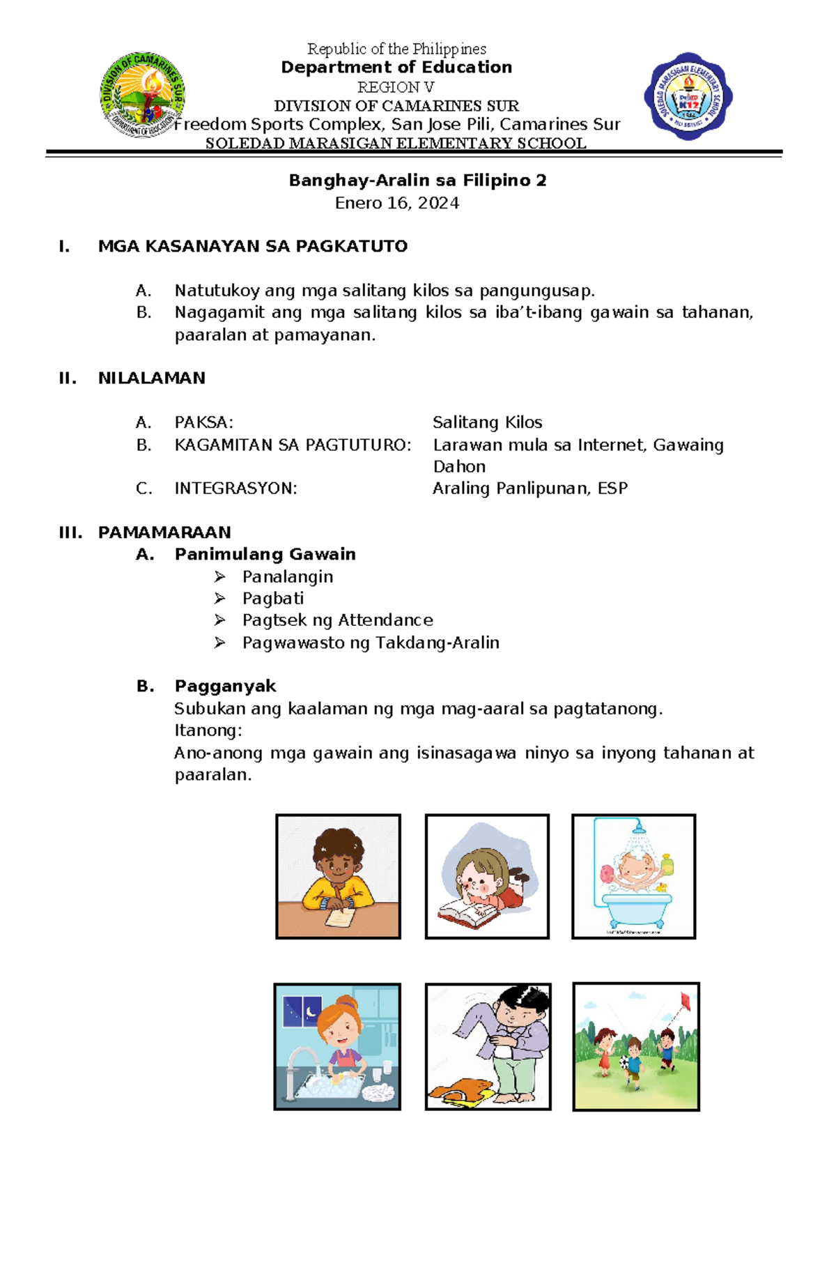 Lesson Plan: Banghay-Aralin sa Filipino 2 (Enero 2024) - Studocu
