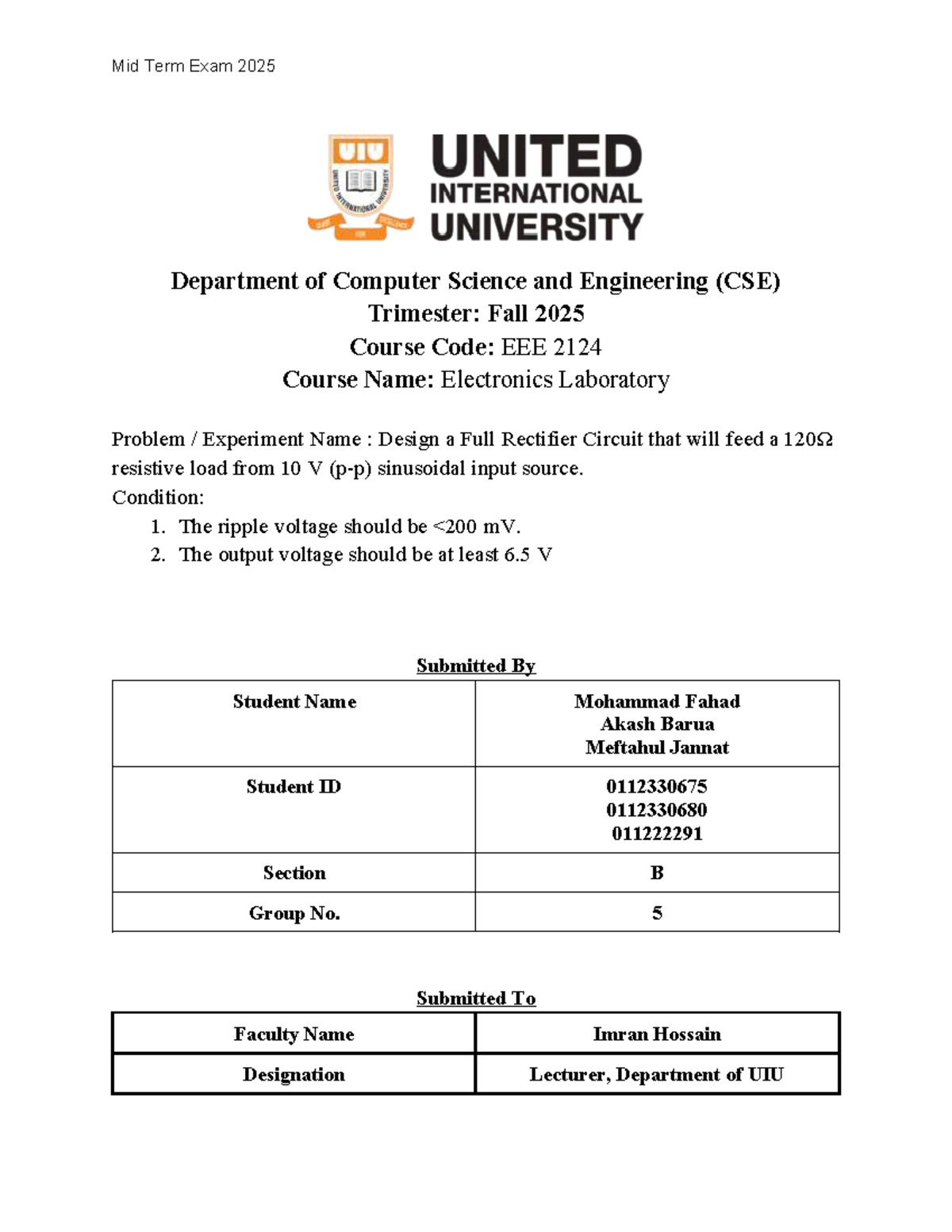 Midterm Exam 2025: Full Rectifier Circuit Design in CSE 2124 - Studocu