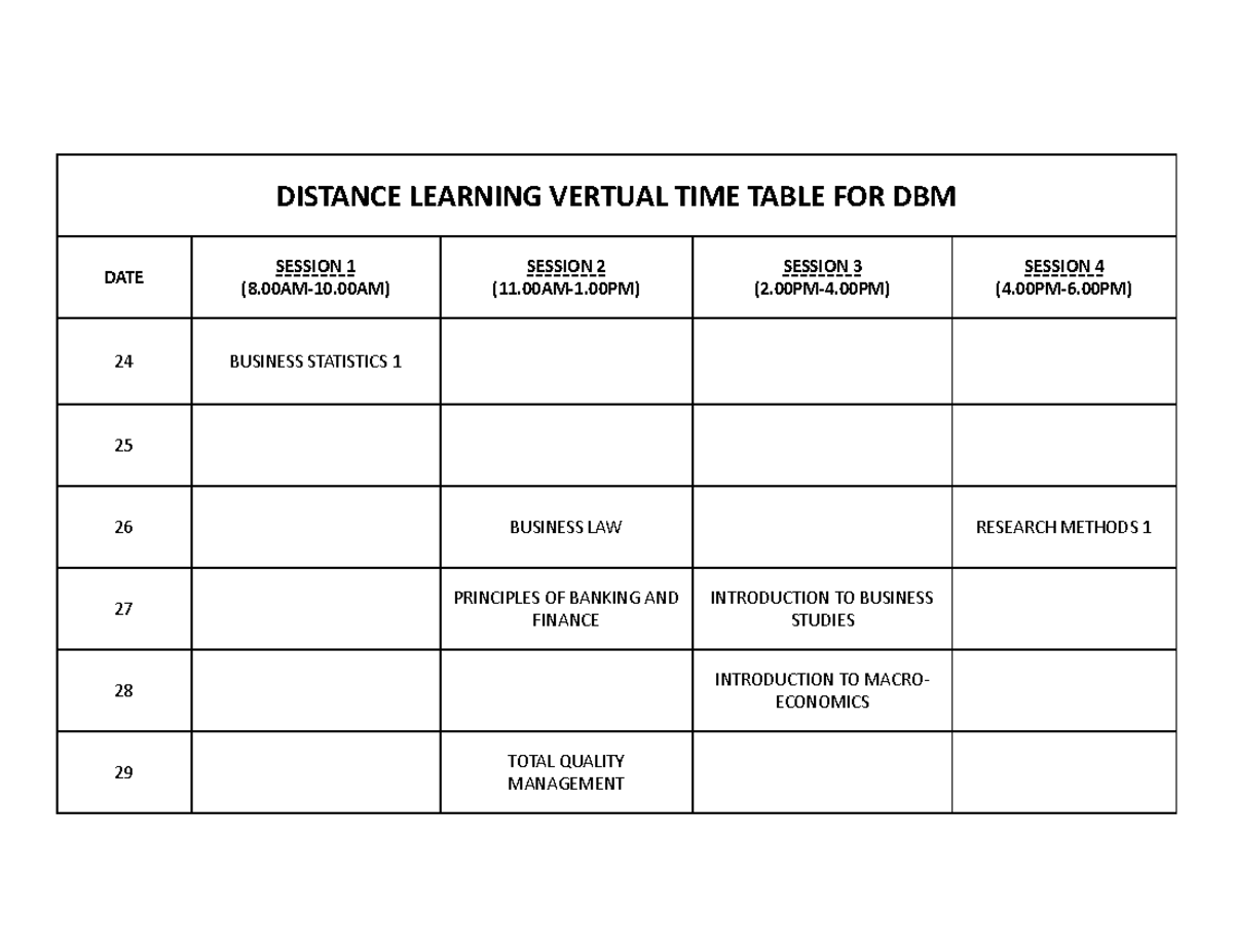 Distance Learning Vertual TIME Table FOR DBM - BUSINESS MANAGEMENT ...