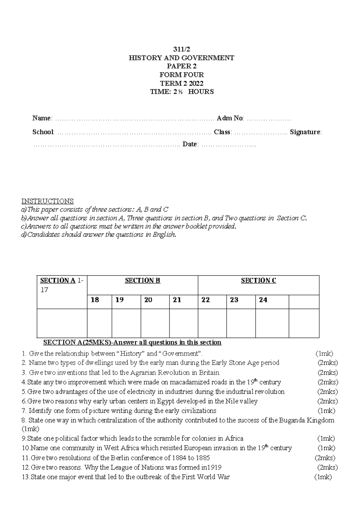HISTORY AND GOVERNMENT PAPER 2 FORM FOUR TERM 2 2022 - Studocu