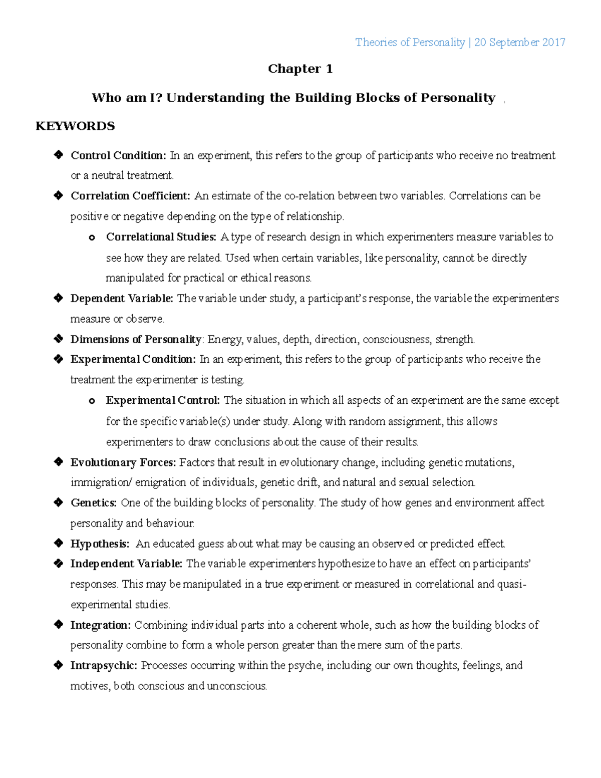 Theories of Personality - Chapter 01 Notes & Key Concepts - Studocu