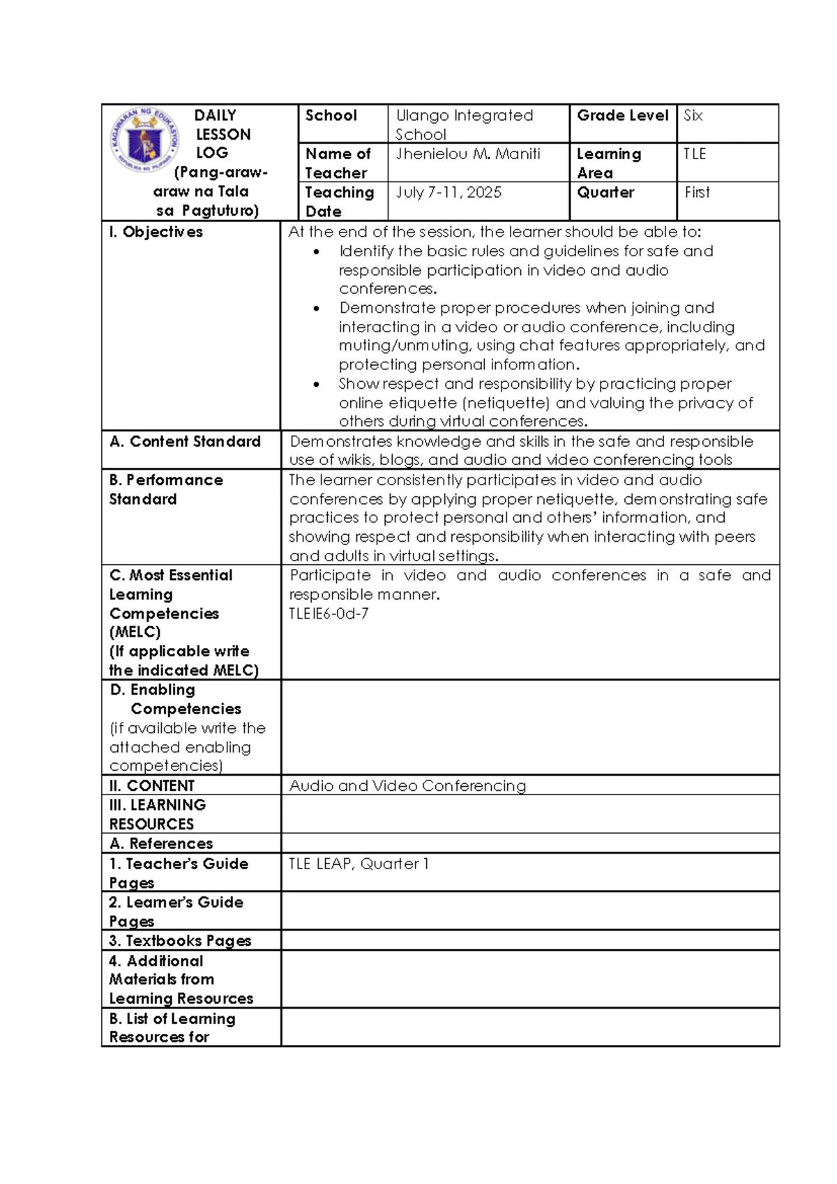 TLE 6 - Week 6 Daily Lesson Log: Excel Functions & Formulas - Studocu