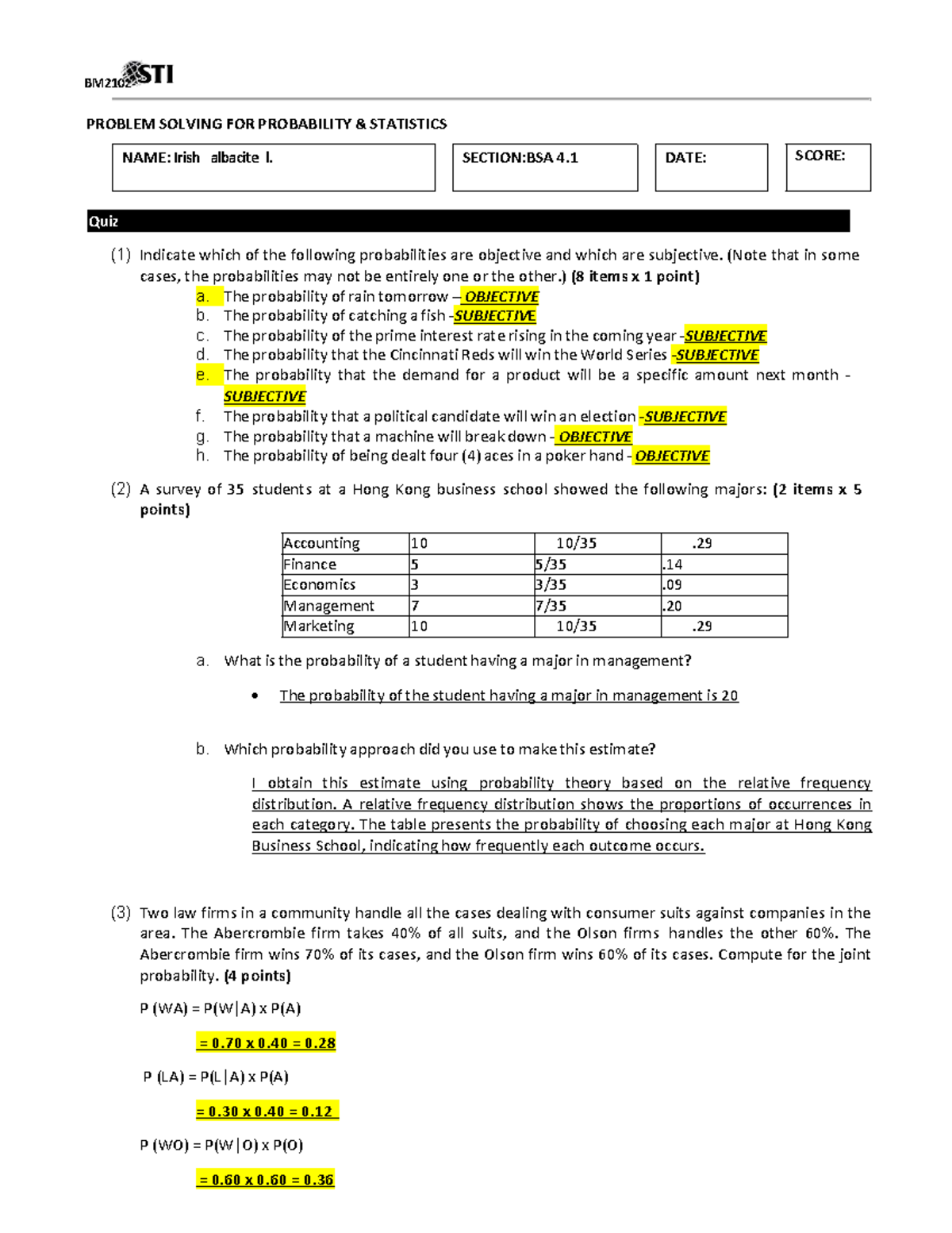 BM2102 Quiz: Objective vs Subjective Probabilities Analysis - Studocu