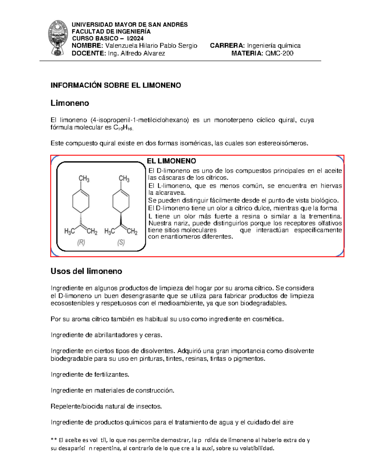 Limoneno y su Clasificación en Ingeniería Química - Curso Básico - Studocu