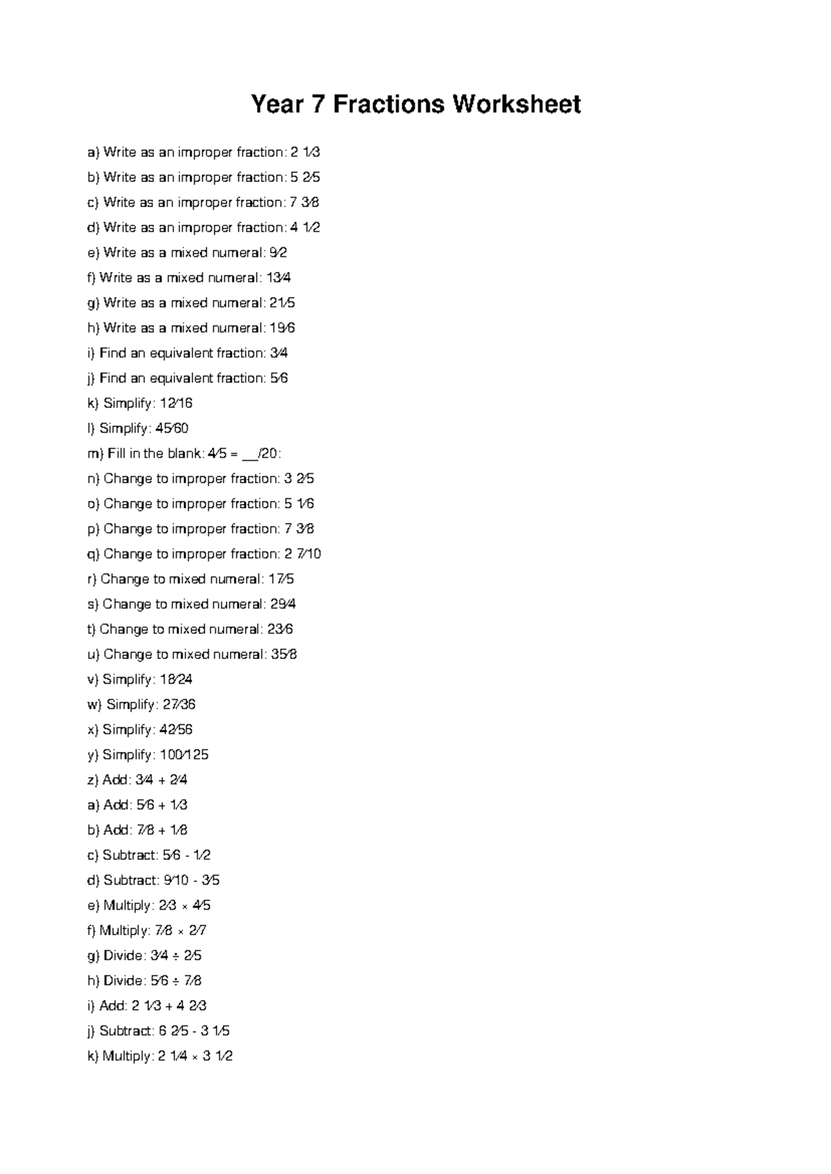 Year 7 Fractions Worksheet with Answers - Studocu