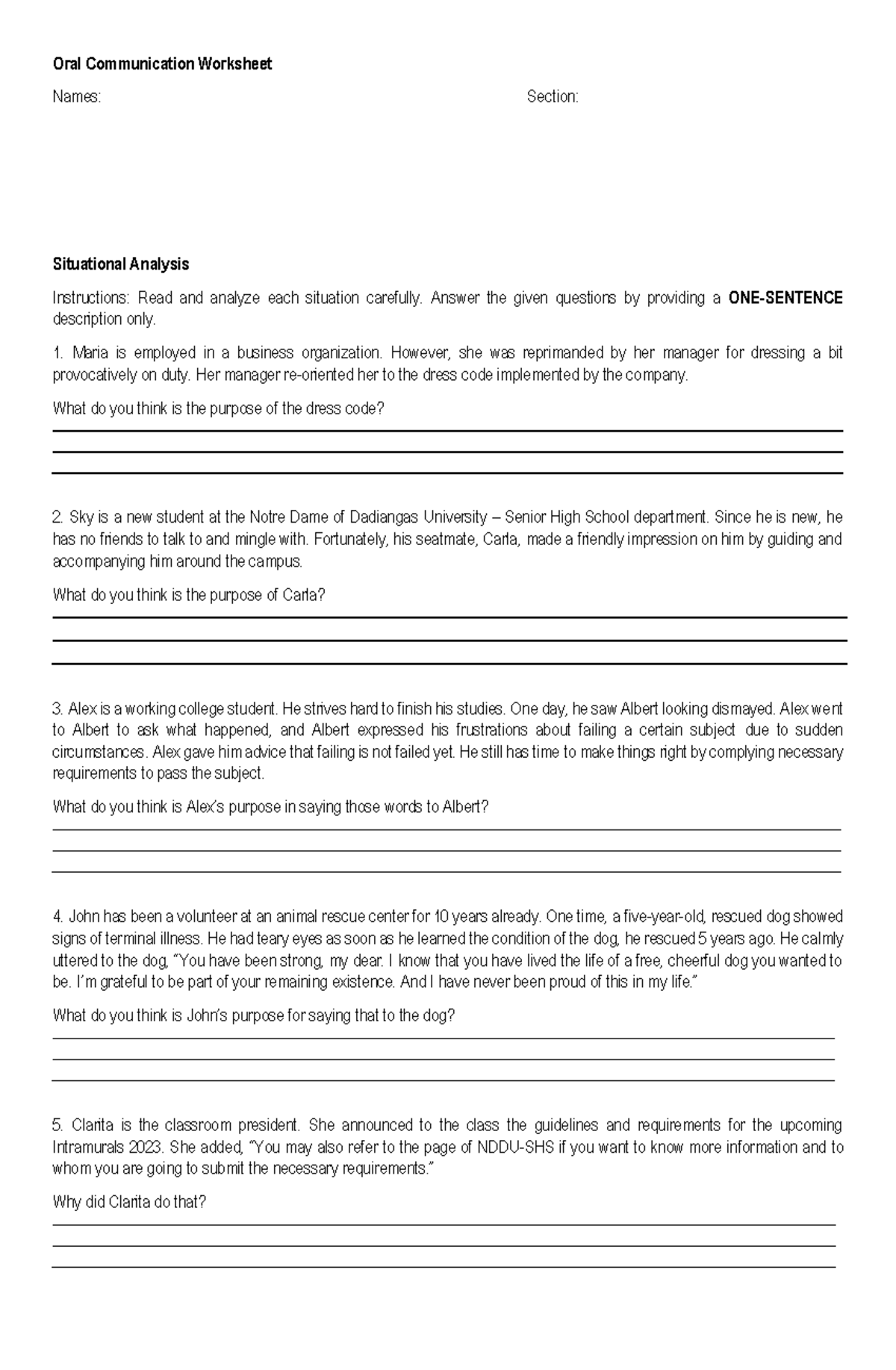 COMM 101: Functions of Oral Communication Worksheet Analysis - Studocu