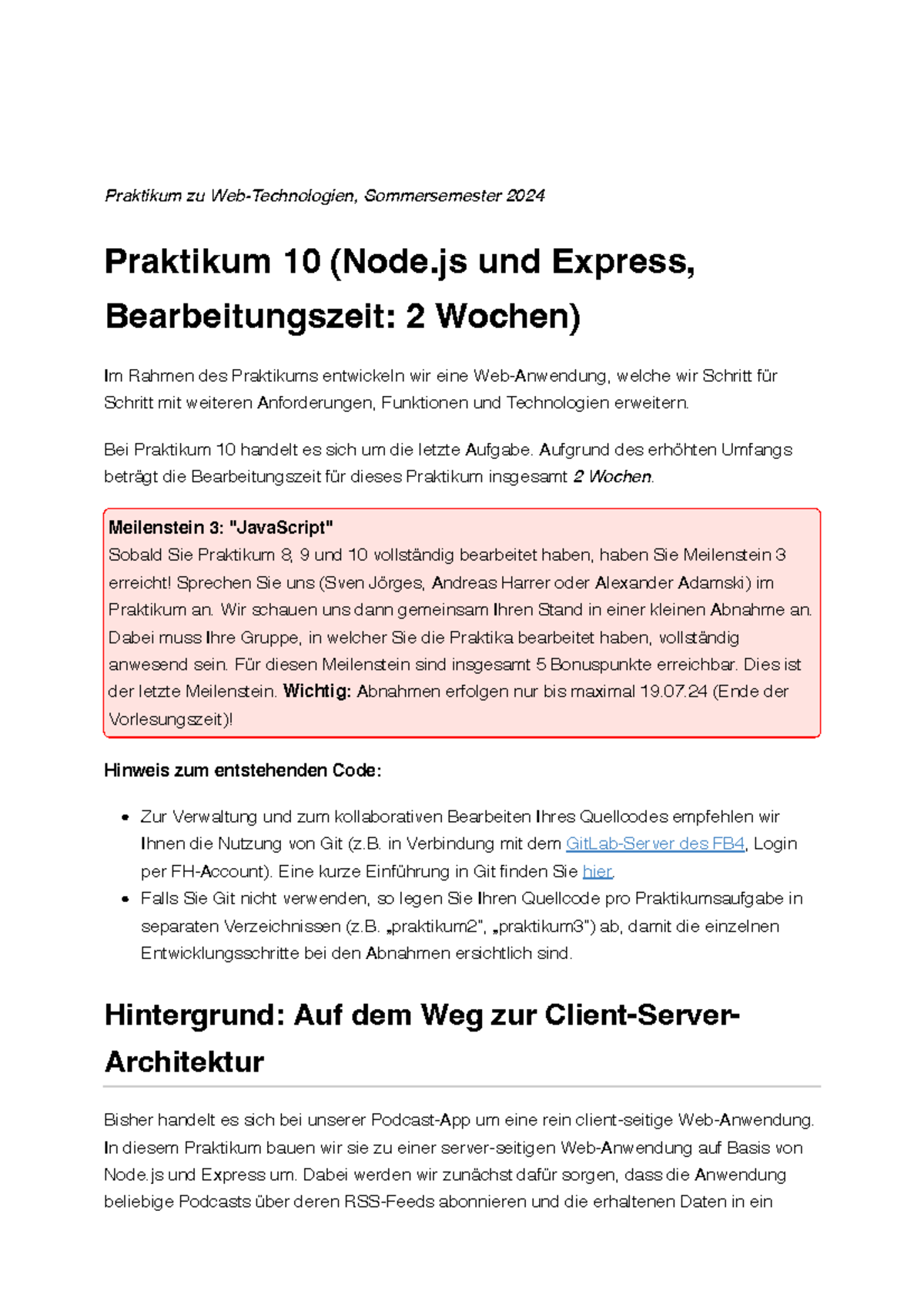 Praktikum 10: Node.js und Express - Sommersemester 2024 (2 Wochen ...