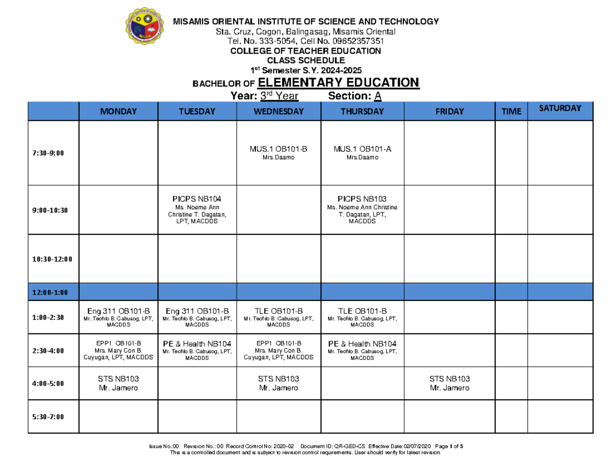 3rd YEAR Class Schedule 1ST SEM 2024 2025 - Sta. Cruz, Cogon ...