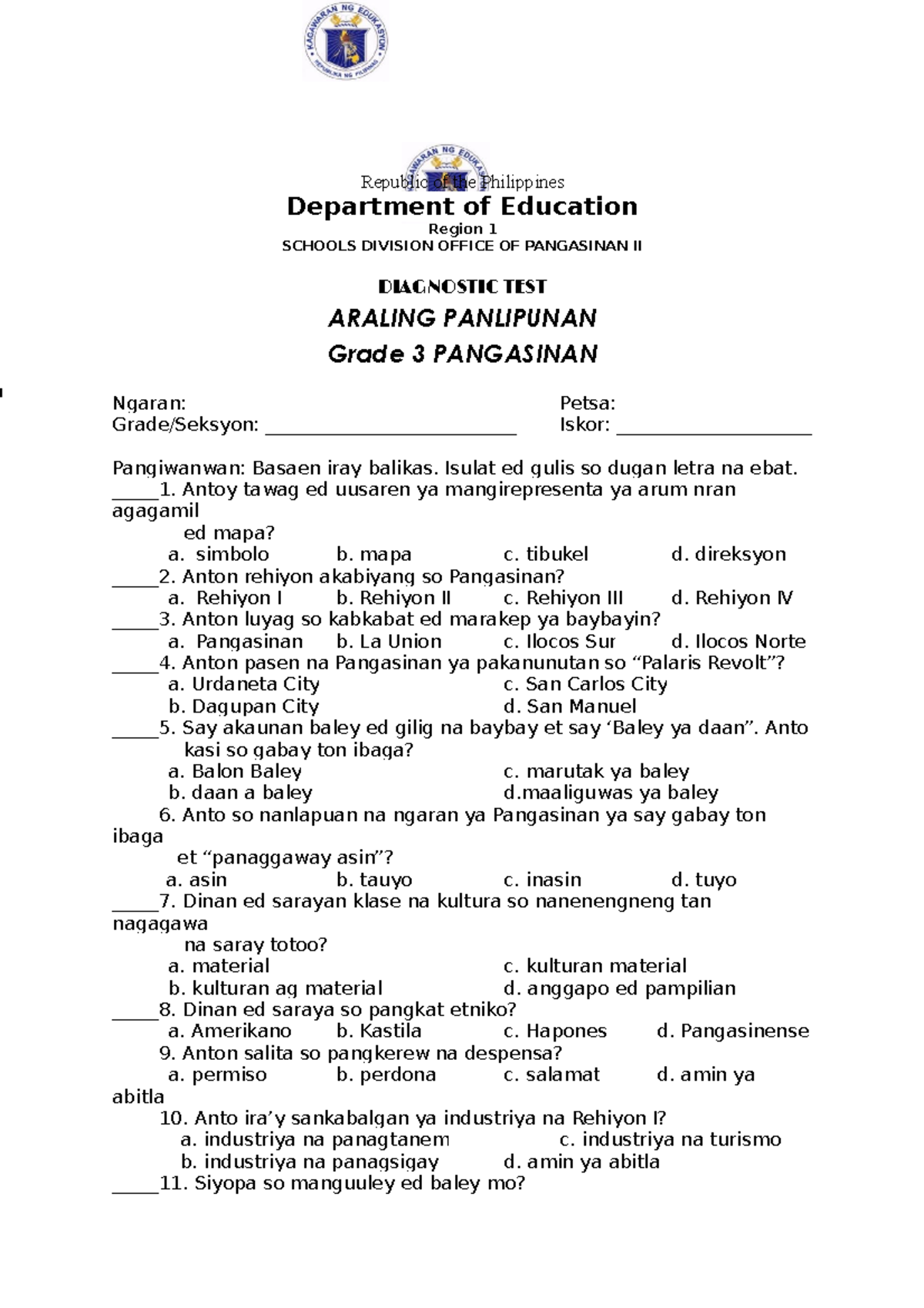 Diagnostic Test in AP3 with TOS - Republic of the Philippines ...