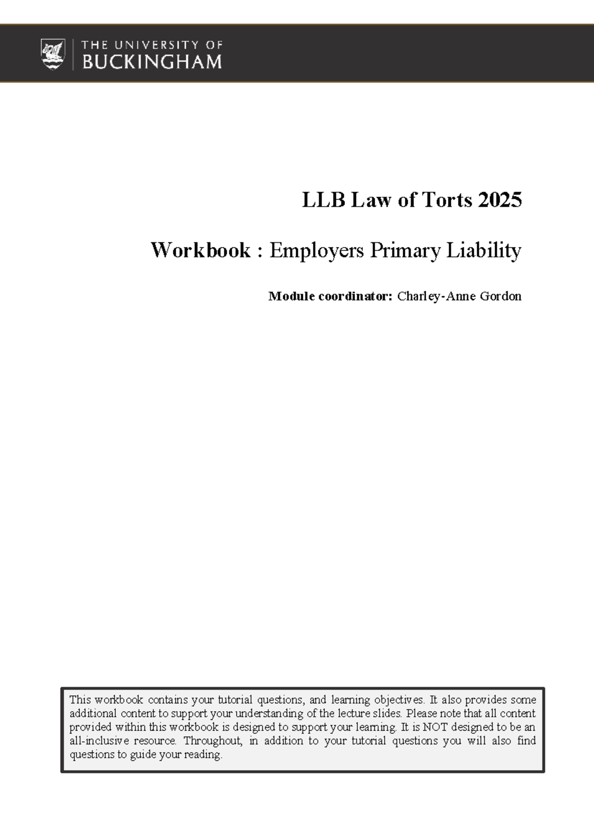 LT25 Employers Liability Workbook - LLB Law of Torts 2025 Workbook ...