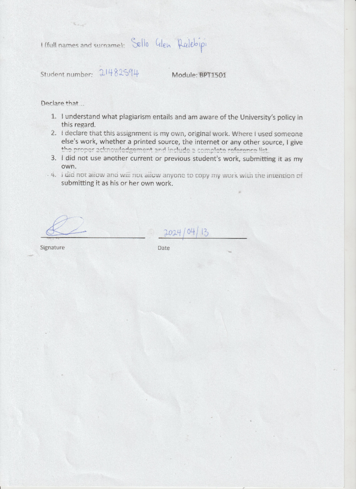 Assessment 2 tps - Yes ma'am - I (full names and surname): Sello Glen ...