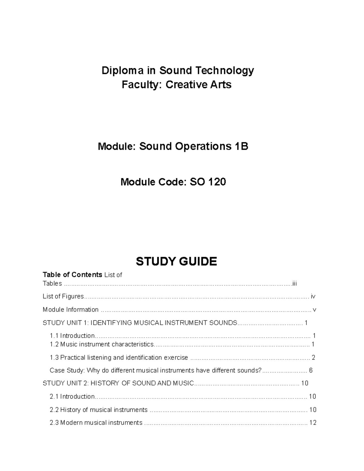 Sound Operations 1B - Study Guide - Diploma in Sound Technology Faculty ...