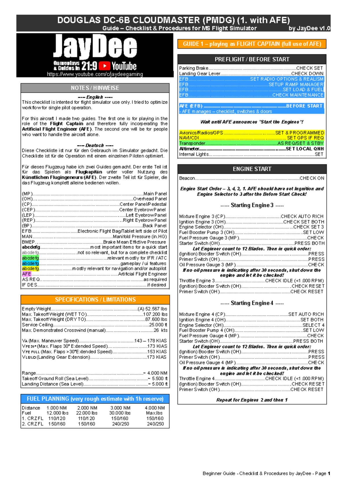 Douglas Cloudmaster (PMDG) AFE Guide Checklist for MSFS v1.0 - Studocu