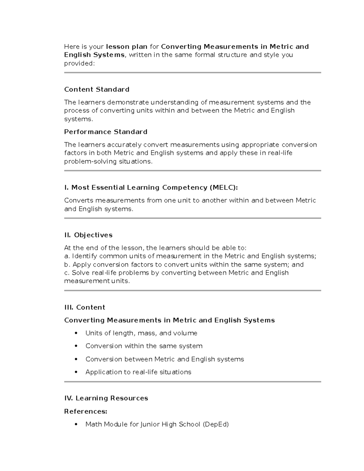 Lesson Plan: Converting Measurements in Metric & English Systems - Studocu