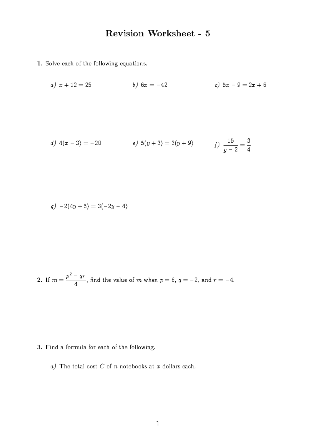 Algebra Revision Worksheet 5: Equations and Formulas - Studocu