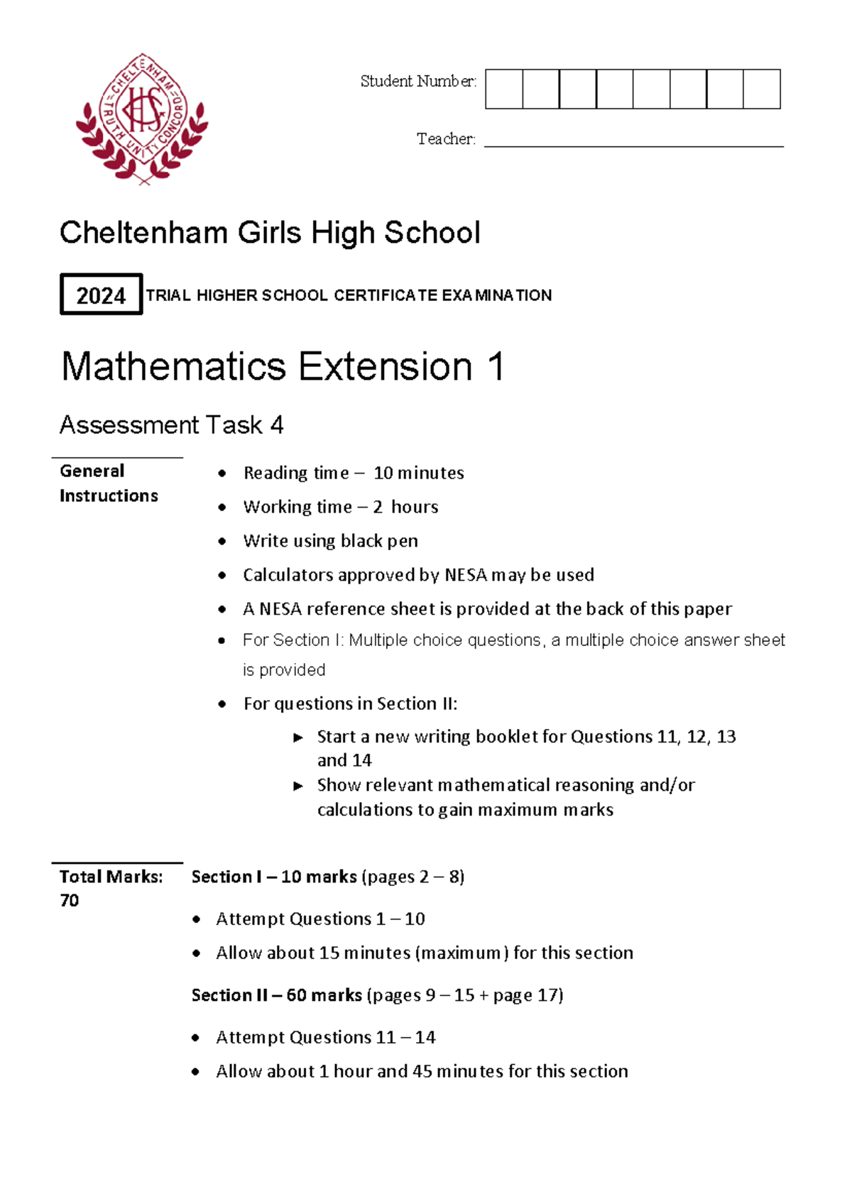 Cheltenham Girls High School 2024 Trial HSC Mathematics Extension 1 ...