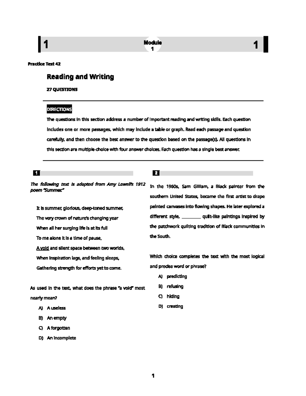 Module 1 Practice Test 42: Reading and Writing Skills Assessment - Studocu